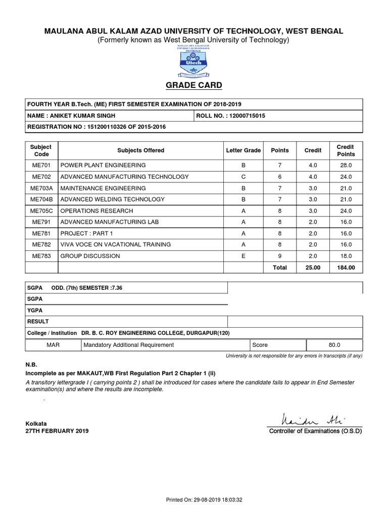 B.Tech Mechanical Engineering Marksheet | PDF | Educational Stages ...