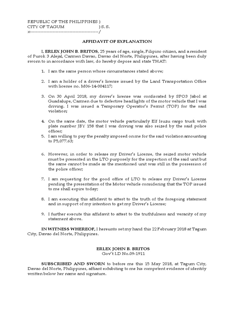 Affidavit of Explanation - LTO | PDF
