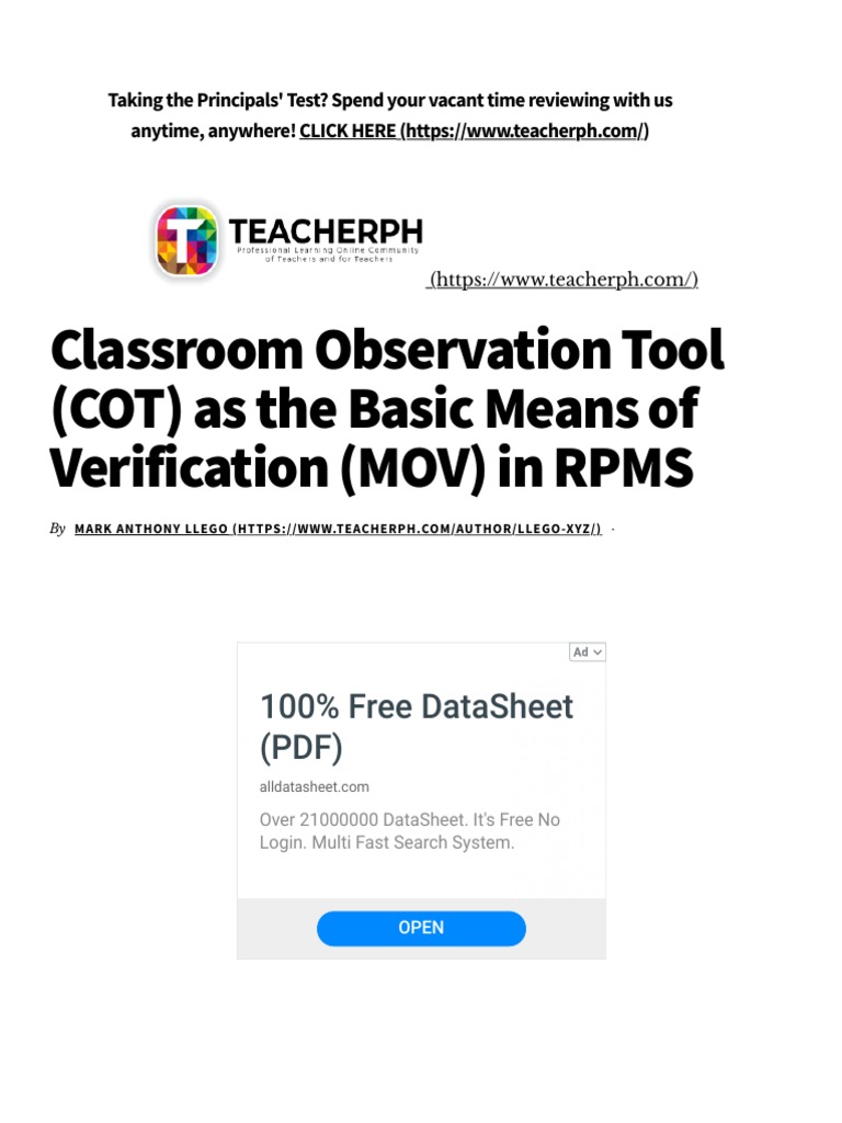 Classroom Observation Tool (COT) As The Basic Means of Verification ...