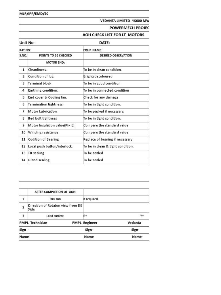 Aoh Checklist LT and HT Motor | PDF | Electrical Engineering | Building ...