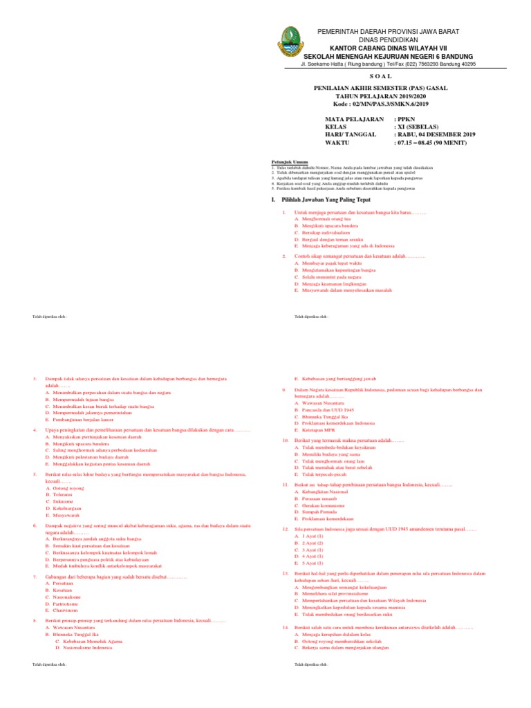 Contoh Format Soal Kelas XI PKN 2019-2020 | PDF