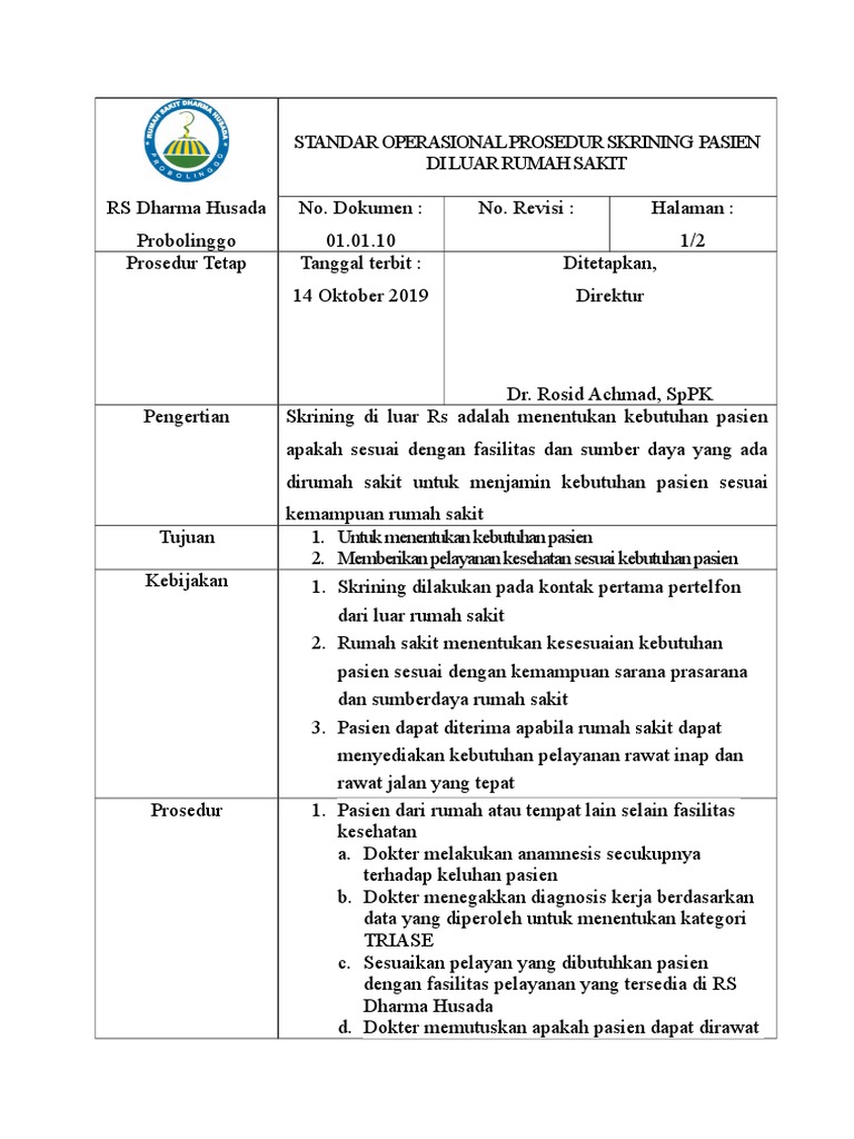 Sop Skrining Pasien Di Luar Rumah Sakit | PDF