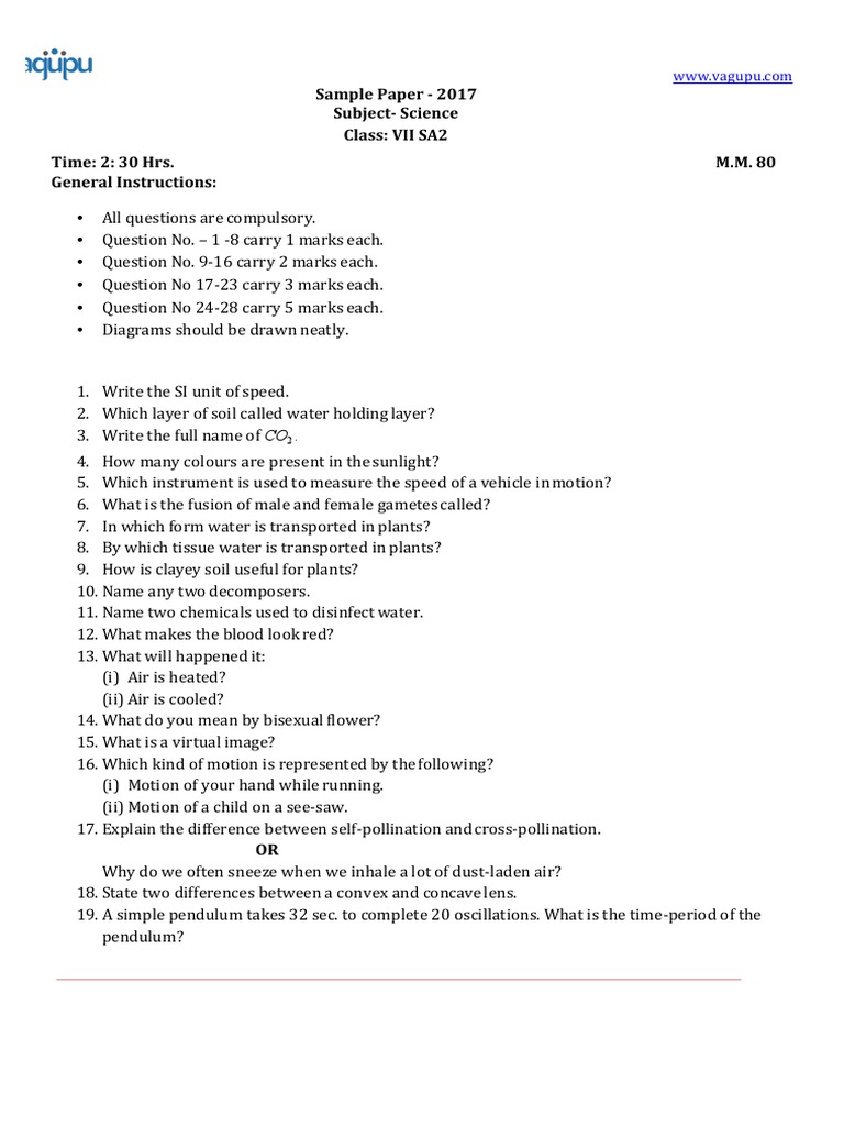 CBSE 2017 Class 7 Science SA2 Sample Paper | PDF | Flowers | Organisms