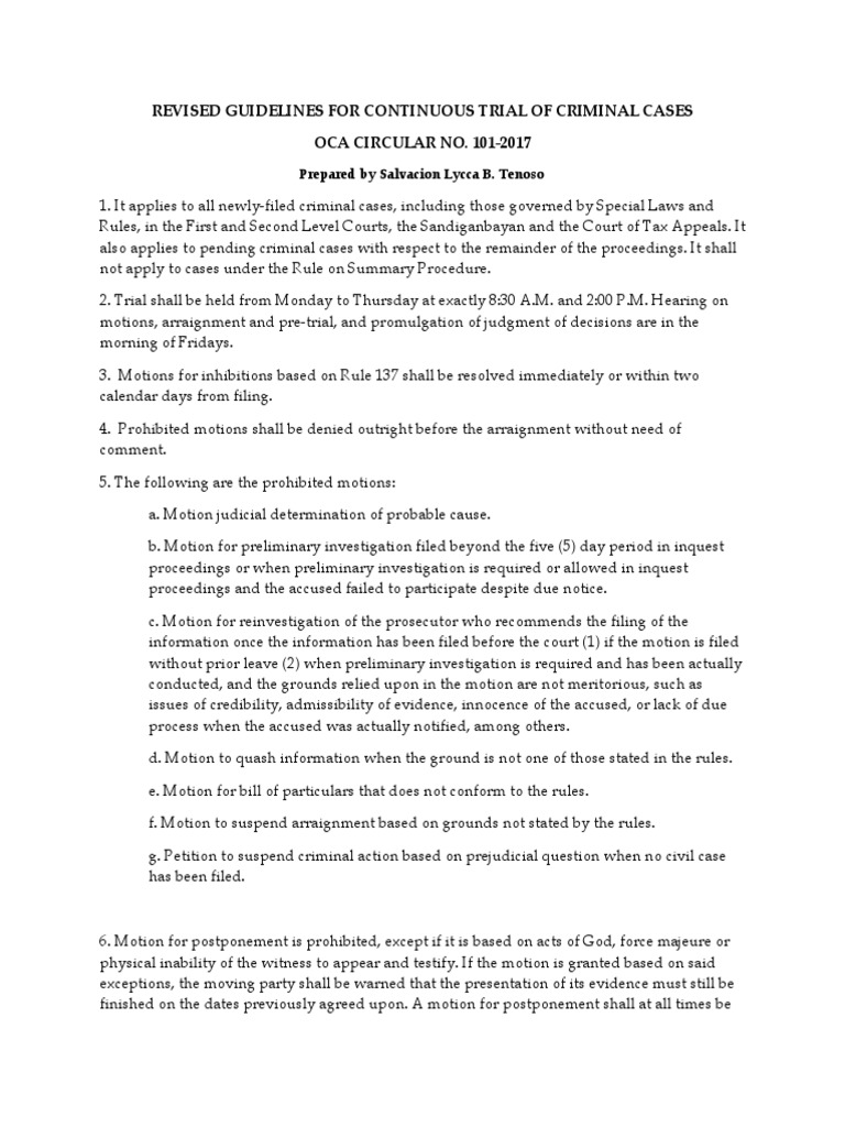 Rules For Continuous Trial (Lycca Report) | PDF | Arraignment | Prosecutor