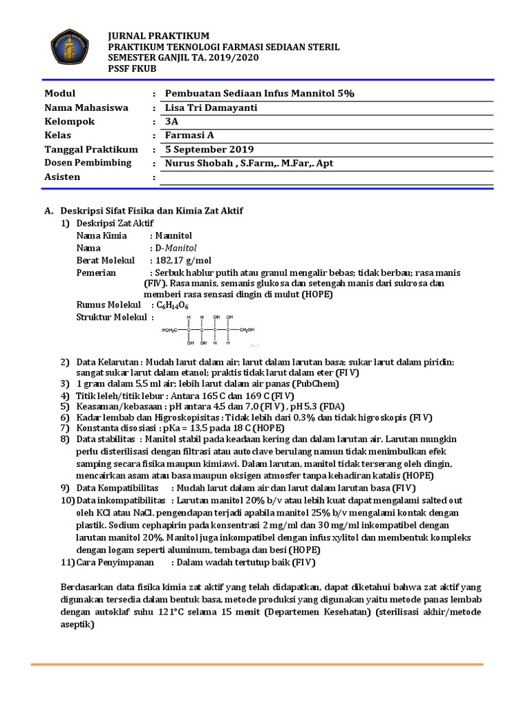 Pembuatan Infus Mannitol 5% Steril | PDF | Kesehatan Holistik | Sains ...