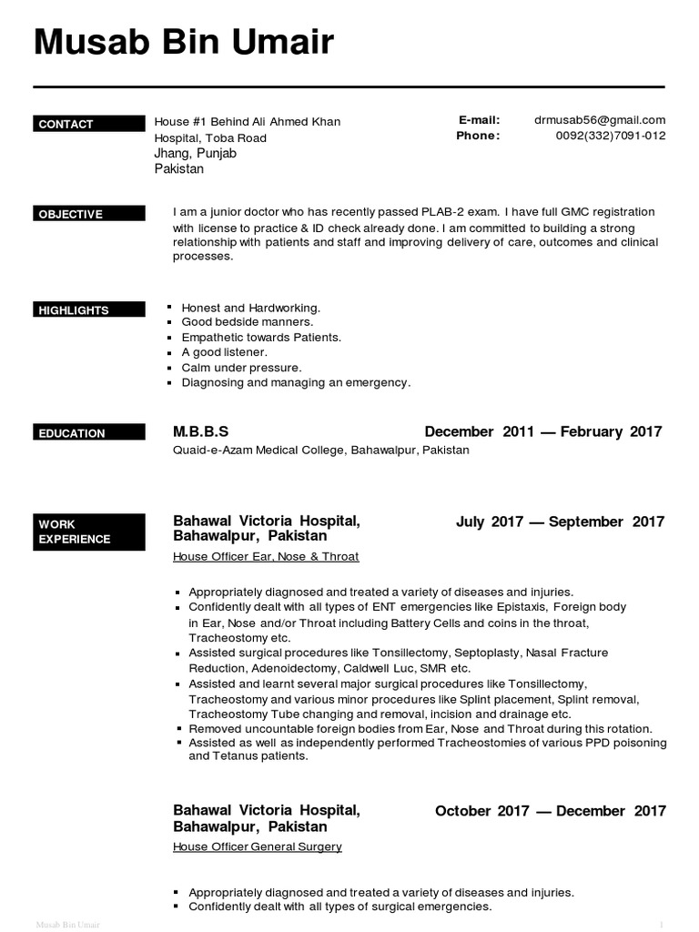 Musab Bin Umair CV | PDF | Surgery | Wound