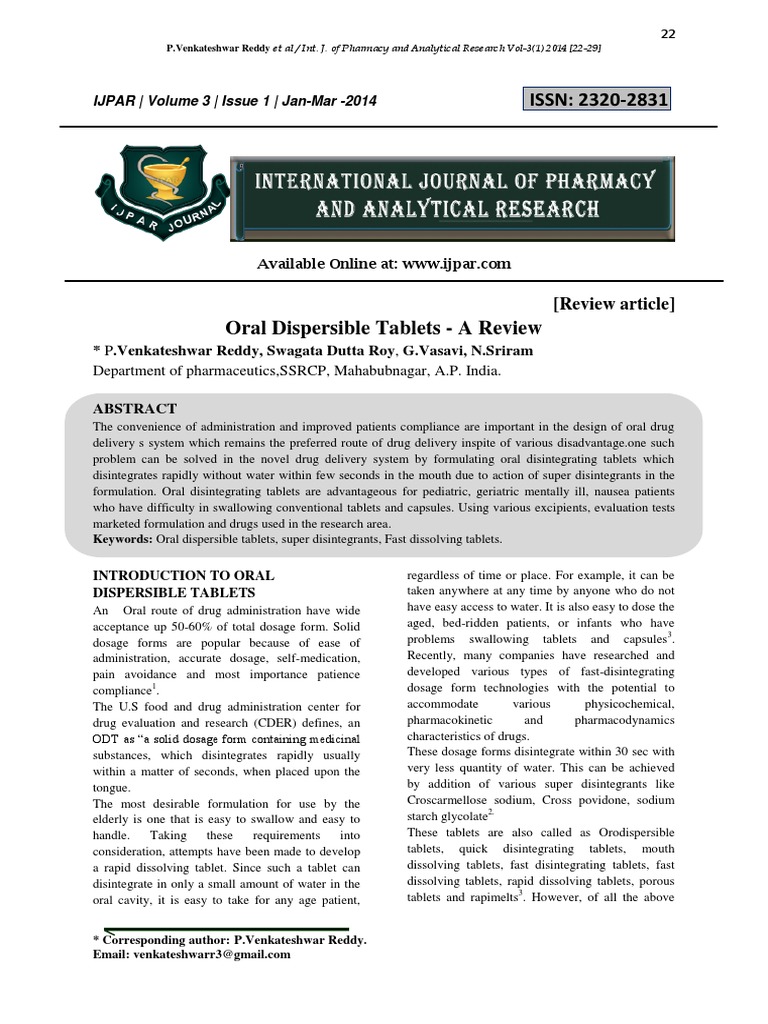 Oral Dispersible Tablets - A Review | PDF | Tablet (Pharmacy ...