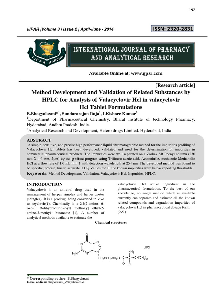 Method Development and Validation of Related Substances by HPLC For Analysis of Valacyclovir HCL ...