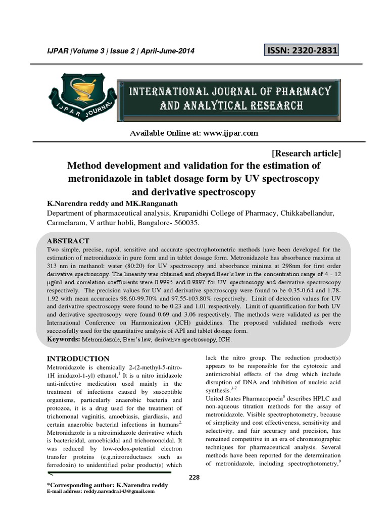 Method Development And Validation For The Estimation Of Metronidazole In Tablet Dosage Form By