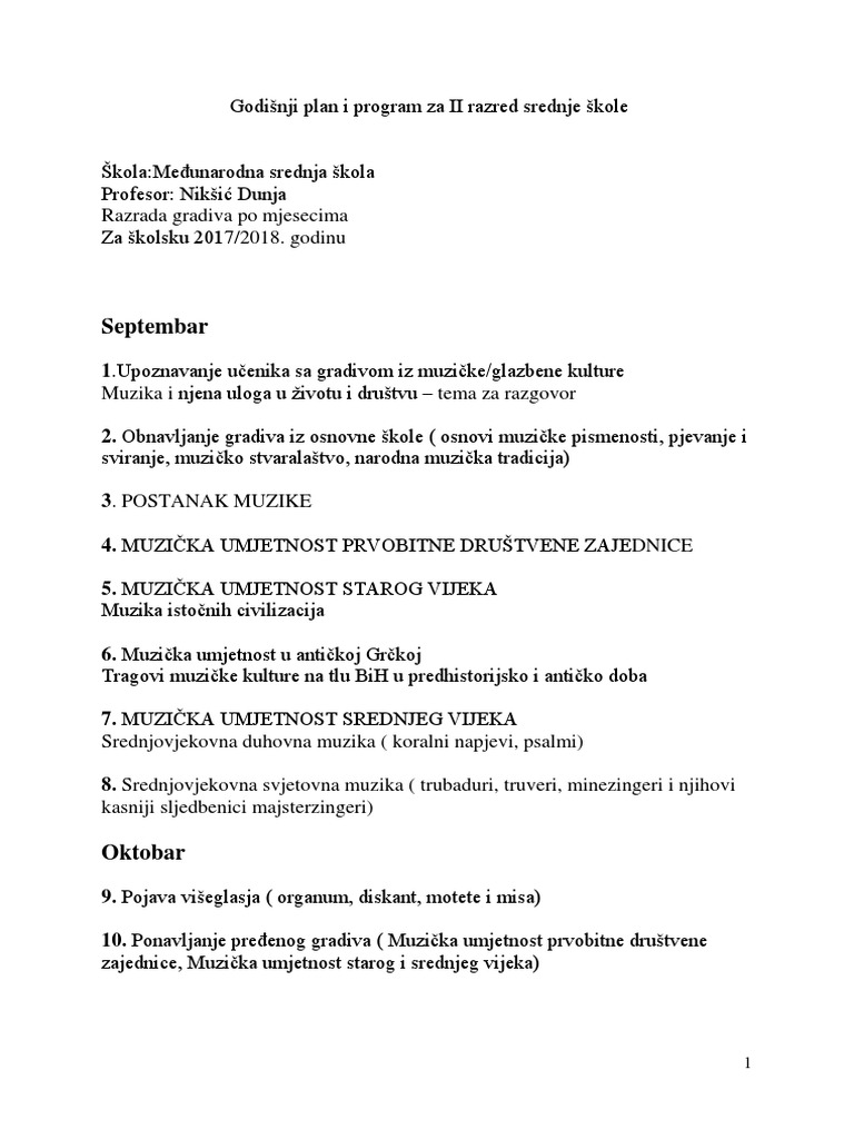 Godisnji Plan Za Srednju Skolu | PDF