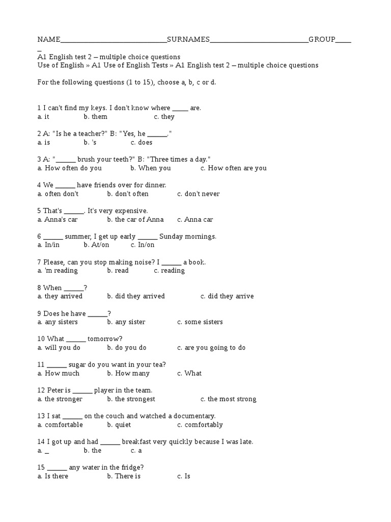 A1 English Test 2 | PDF