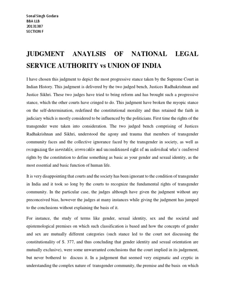JUDGMENT ANAYLSIS OF NATIONAL LEGAL SERVICE AUTHORITY Vs UNION OF INDIA ...