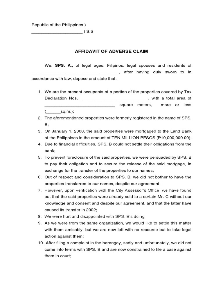 Affidavit of Adverse Claim Template | PDF | Affidavit | Foreclosure