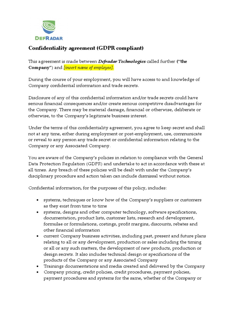 1 - Confidentiality Agreement (GDPR Compliant) | PDF | Confidentiality ...
