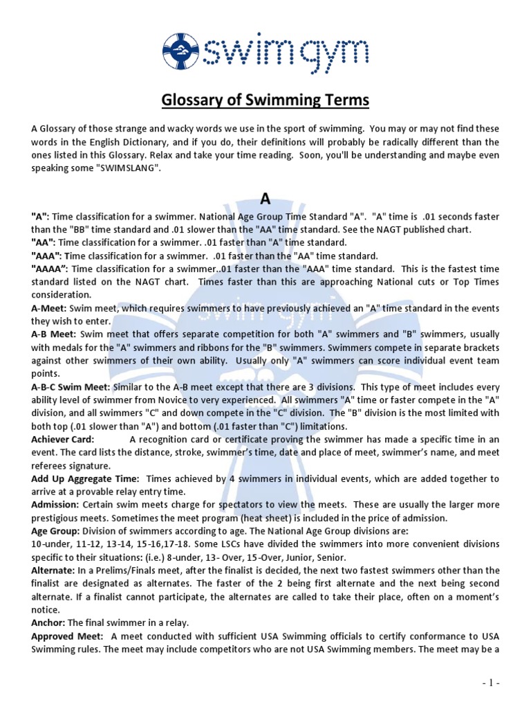 SGST Glossary of Swimming Terms | Download Free PDF | Swimming (Sport ...