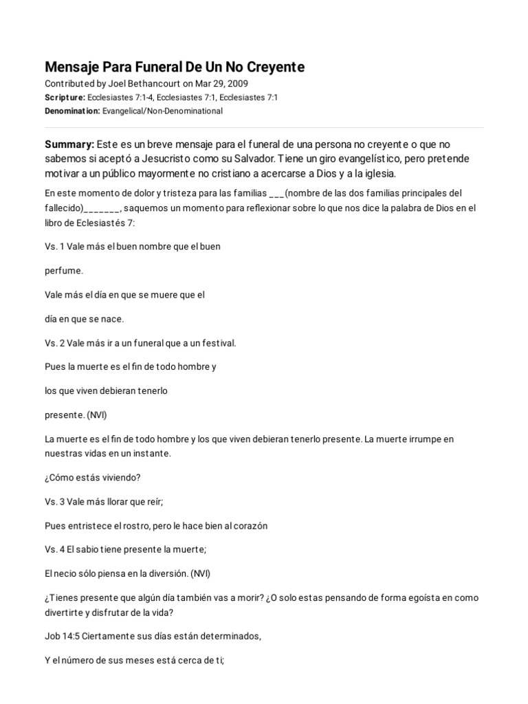 Mensaje para Funeral de Inconverso | PDF | Creencia religiosa y ...