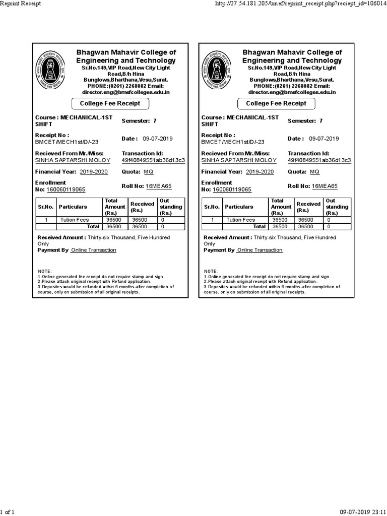 Receipt for Tuition Fees Paid by Saptrishi Moyal for the Mechanical ...