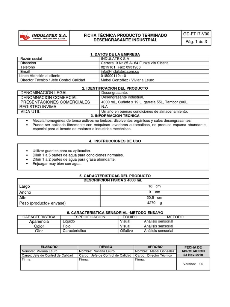 Ficha Técnica Desengrasante Industrial | PDF | Agua | Química