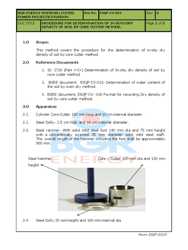 Core Cutter Method for Soil Density | PDF | Density | Soil