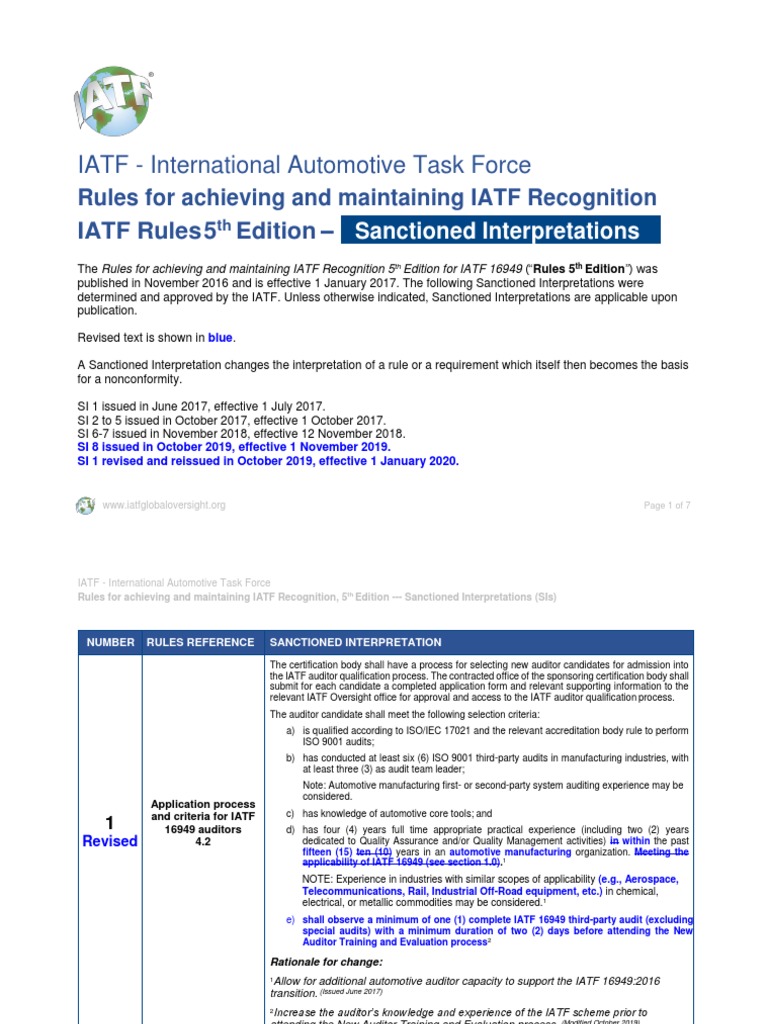 IATF Rules 5th Edition - Sanctioned Interpretations October 2019 | PDF ...