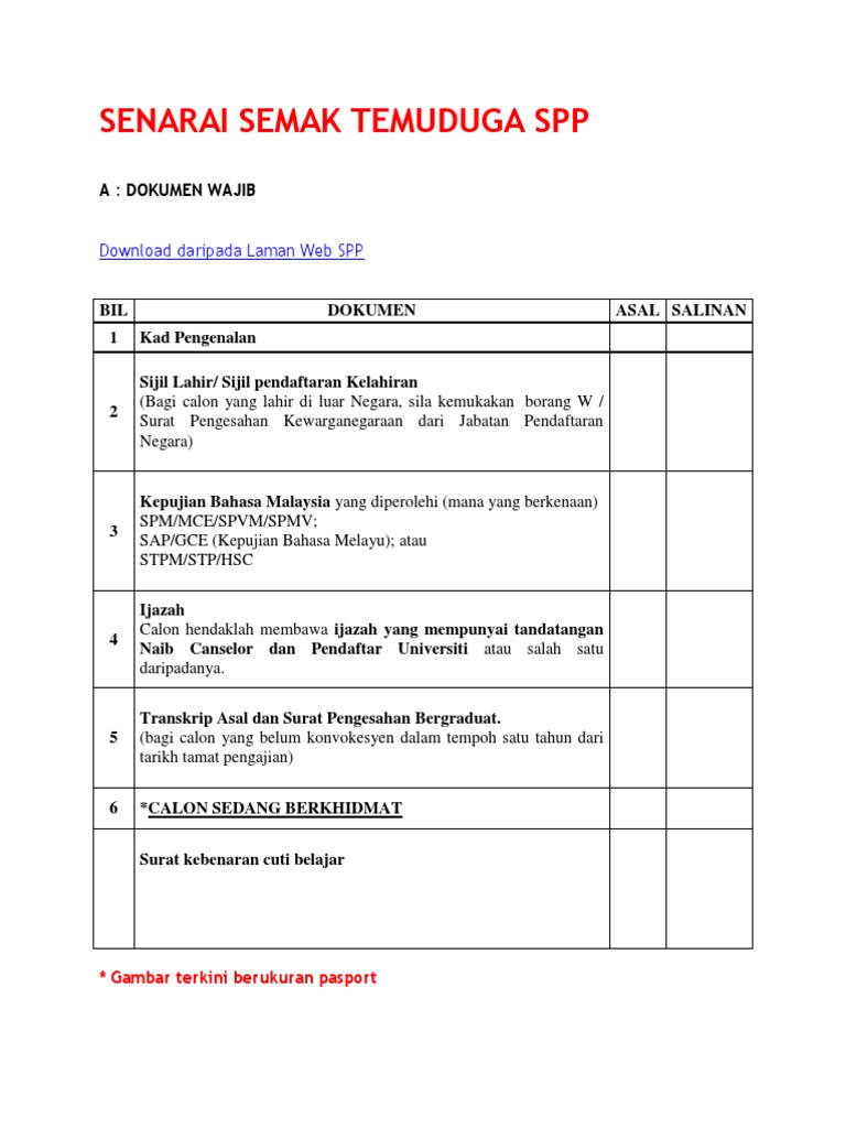 Senarai Semak Temuduga SPP | PDF