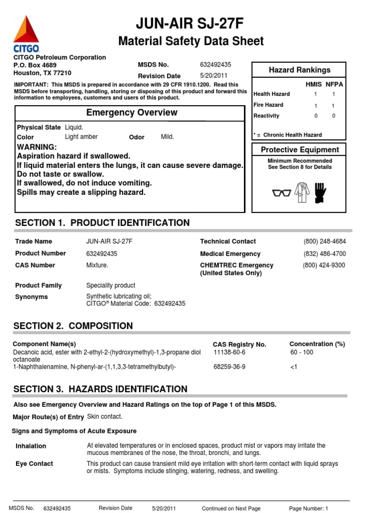 MSDS Jun-Air SJ-27F | PDF | Personal Protective Equipment | Superfund