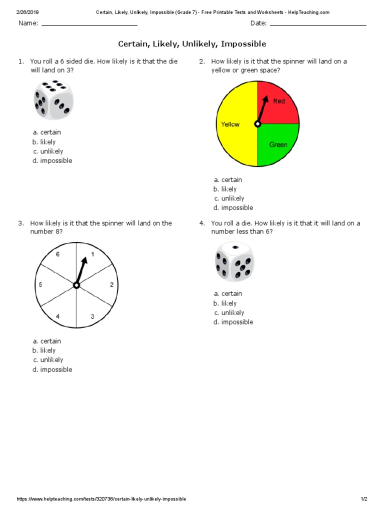 Probability Worksheets: Likely vs. Unlikely | PDF | Bowling (Cricket ...