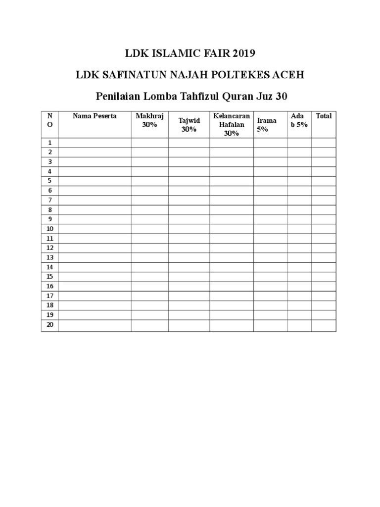 Form Penilaian Tahfidz | PDF