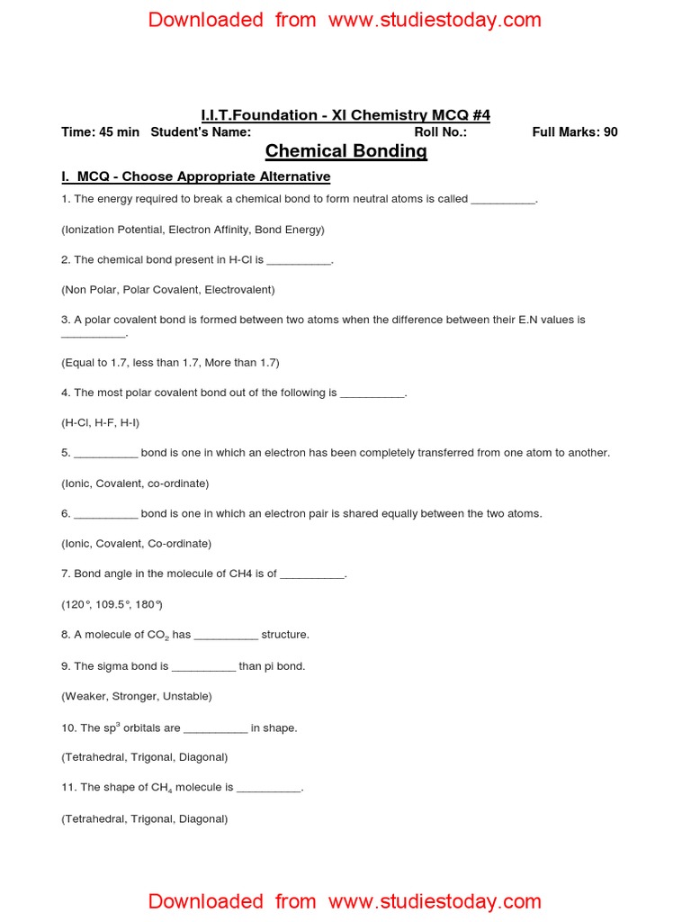 CBSE Class 11 Chemistry MCQs - Chemical Bonding PDF | PDF | Covalent ...