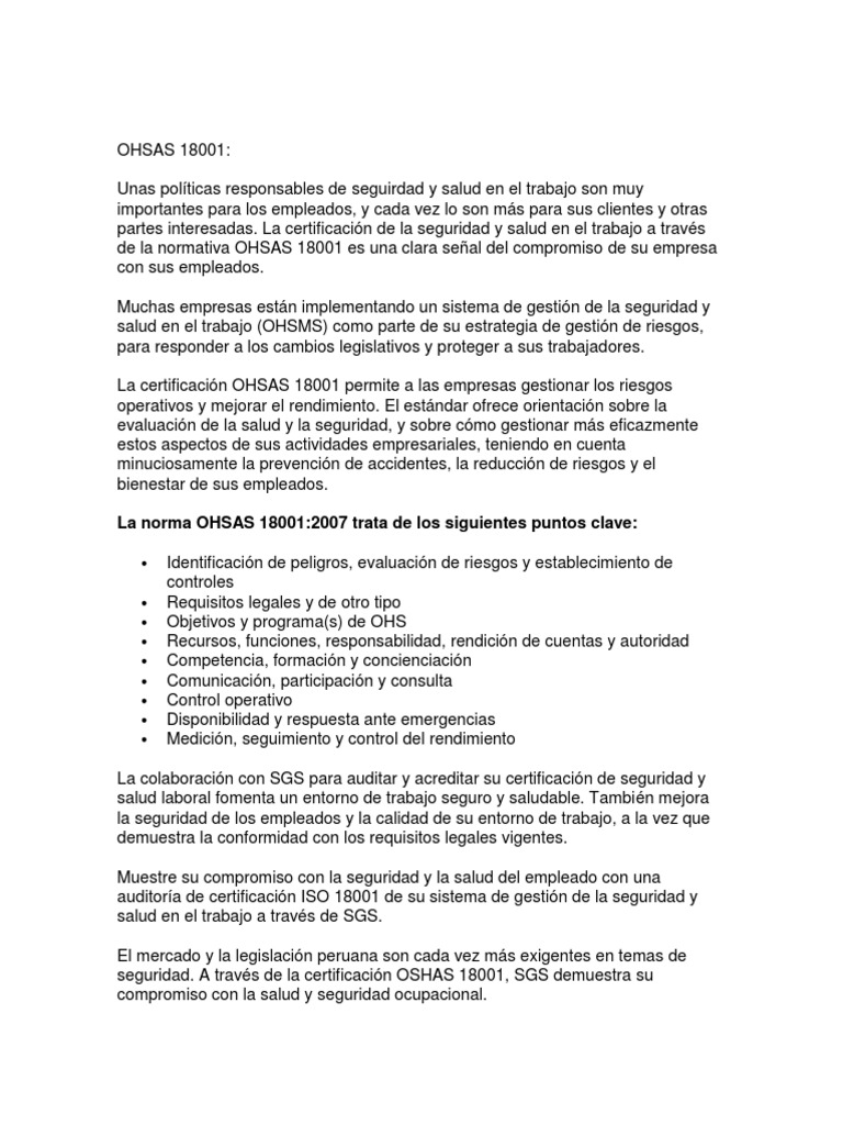 Certificación OHSAS 18001: Claves y Beneficios | PDF