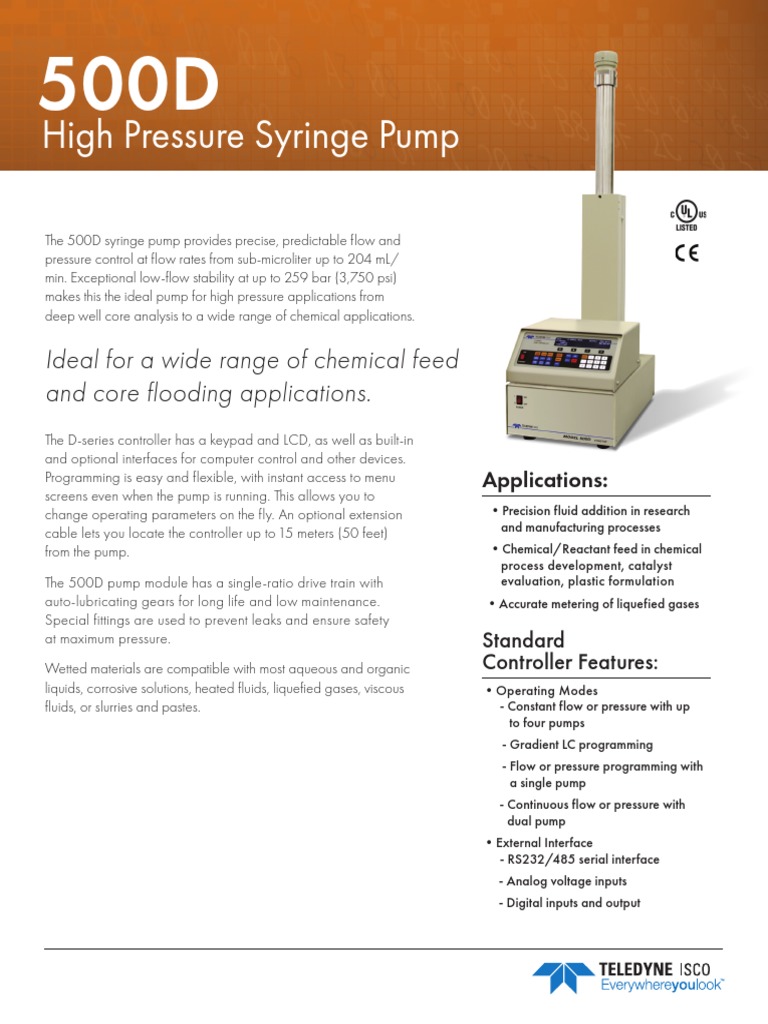 500D High Pressure Syringe Pump Datasheet PDF | PDF | Pump | Fluid Dynamics
