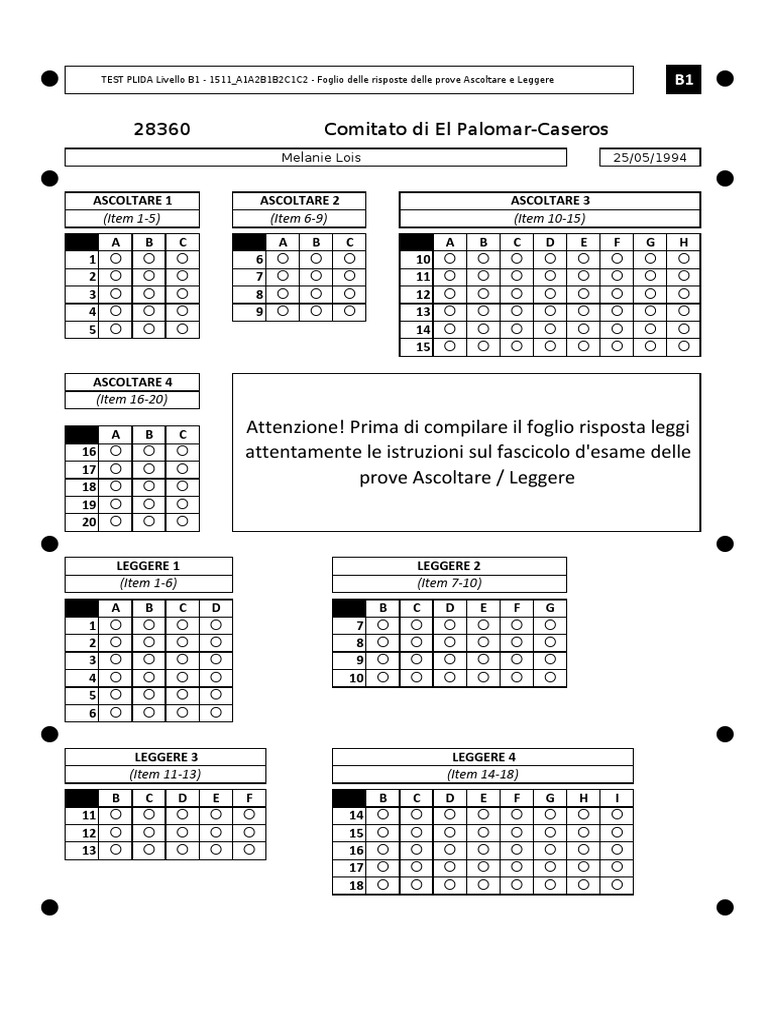 Foglio Risposte B1 2018 | PDF
