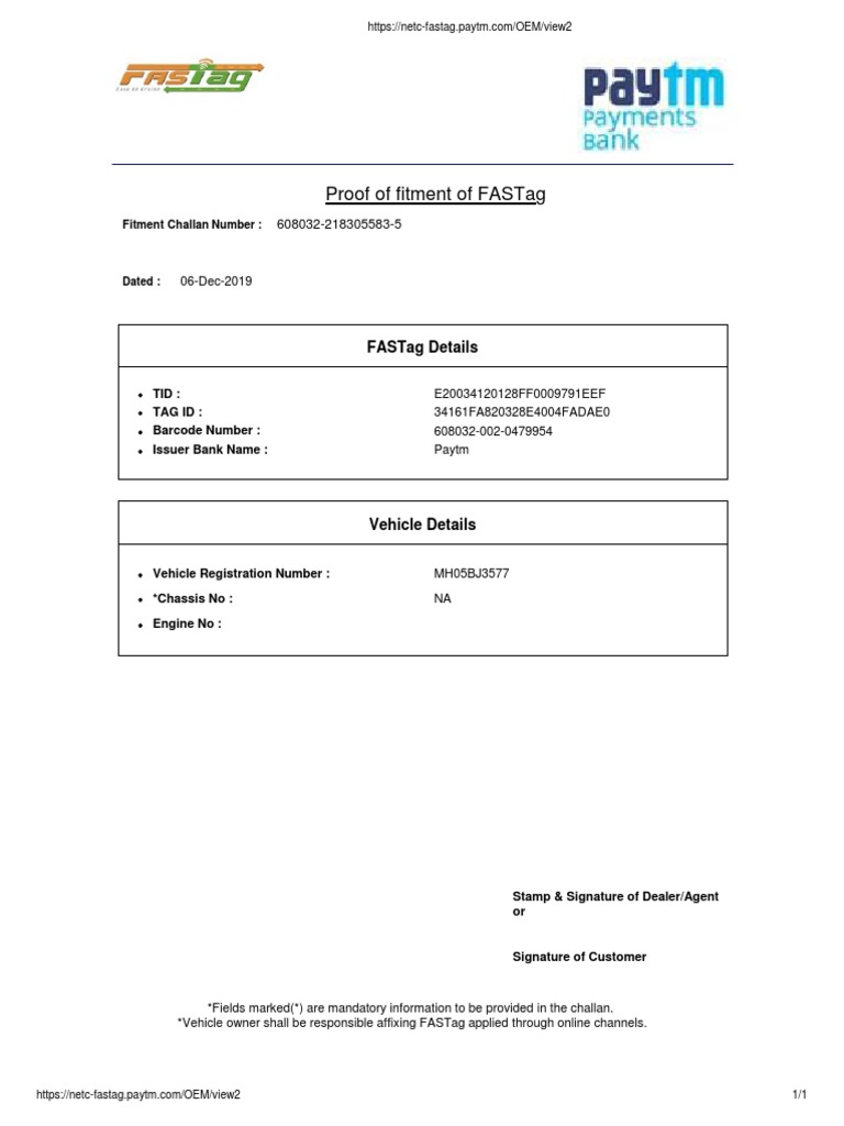 FASTag Fitment Certificate Details | PDF