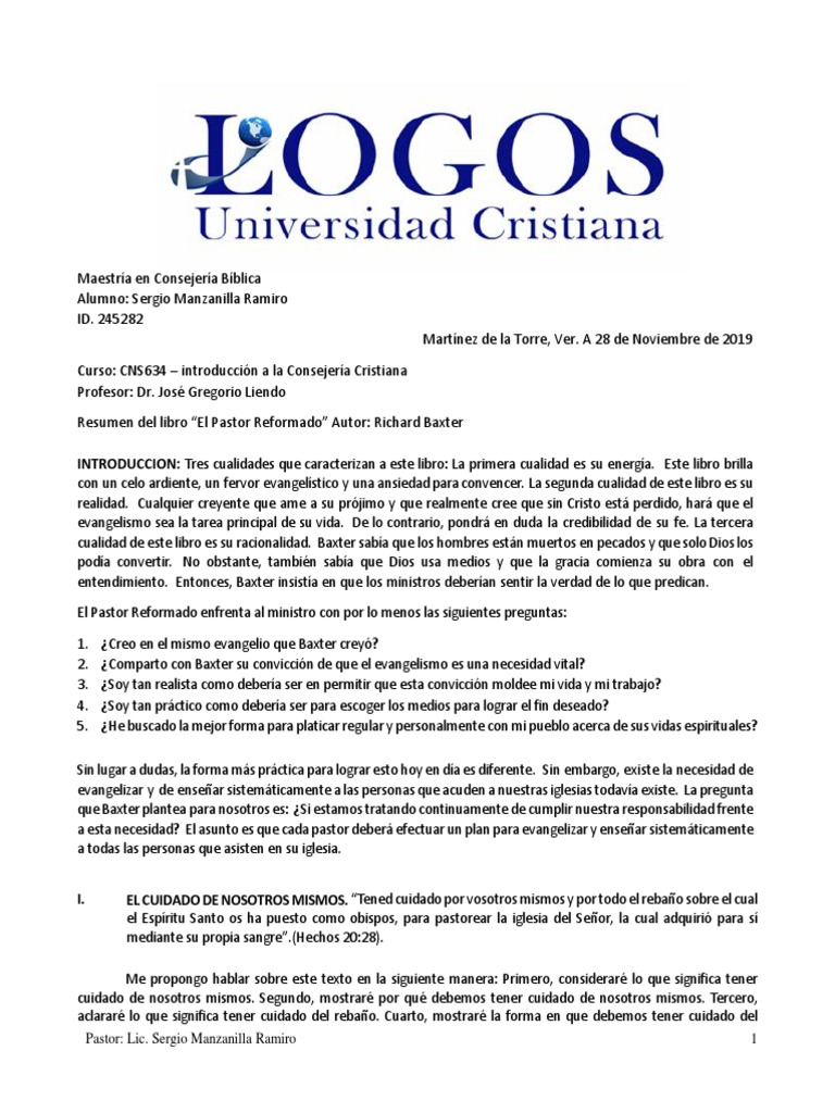 Resumen de "El Pastor Reformado" | PDF | Cristo (título) | Pecado