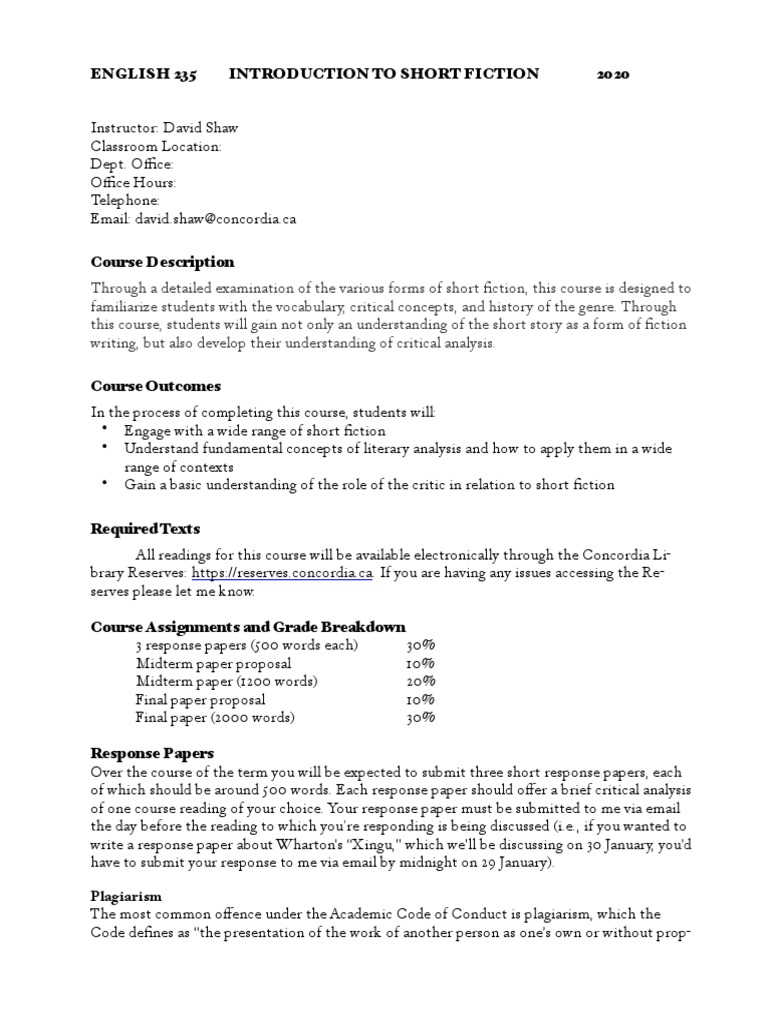 Introduction to Short Fiction Course | PDF | Plagiarism