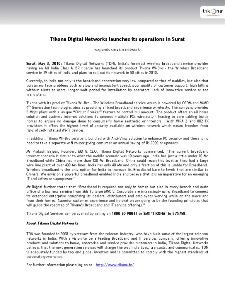 Tikona Digital Networks Launches Its Operations in Surat | PDF | Wi Fi ...