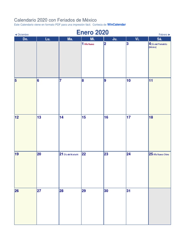 Calendario 2020 Dias Feriados Mexico | PDF | México | Observancias
