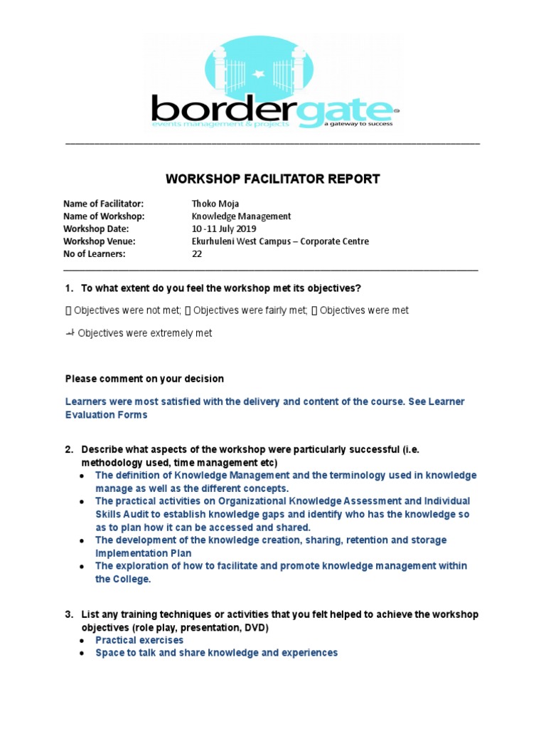 Workshop Facilitator Report | PDF | Facilitator | Knowledge Management