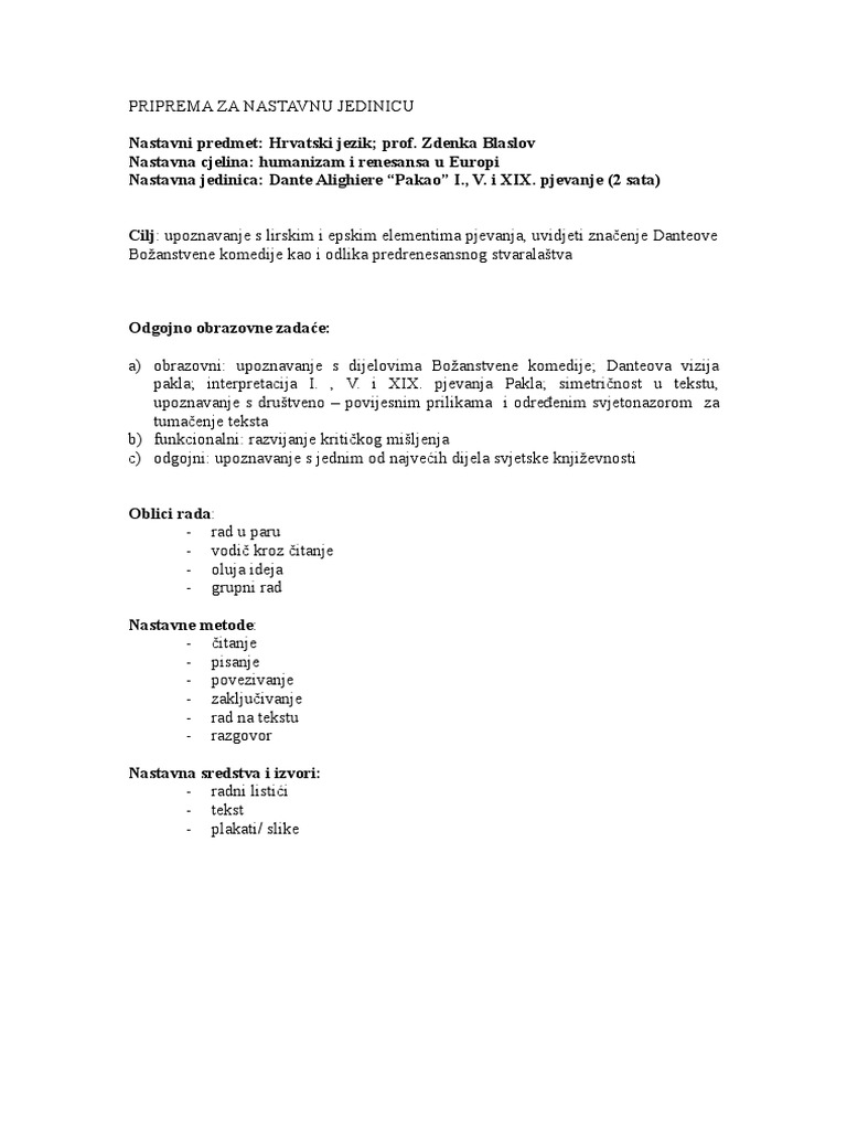 Priprema Za Nastavnu Jedinicu - Pakao, Dante Alighieri | PDF