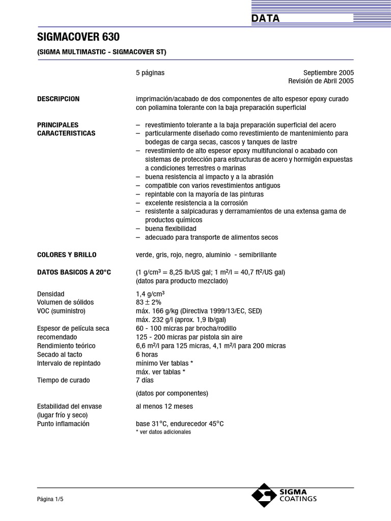 Ficha Técnica SigmaCover 630 | PDF | Aluminio | Epoxy