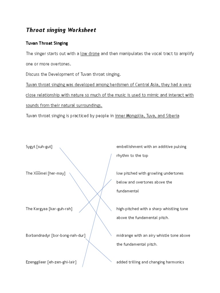 Throat Singing Worksheet Answers | PDF | Singing | Musicology