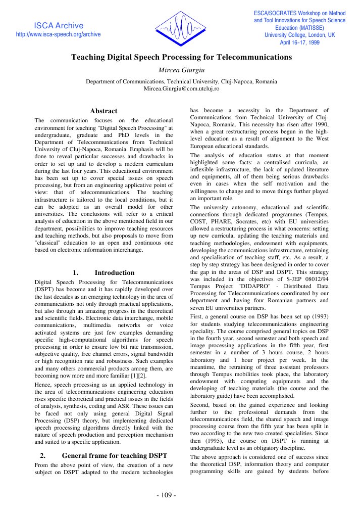 Teaching Digital Speech Processing For Telecommunications: ISCA Archive | Download Free PDF ...