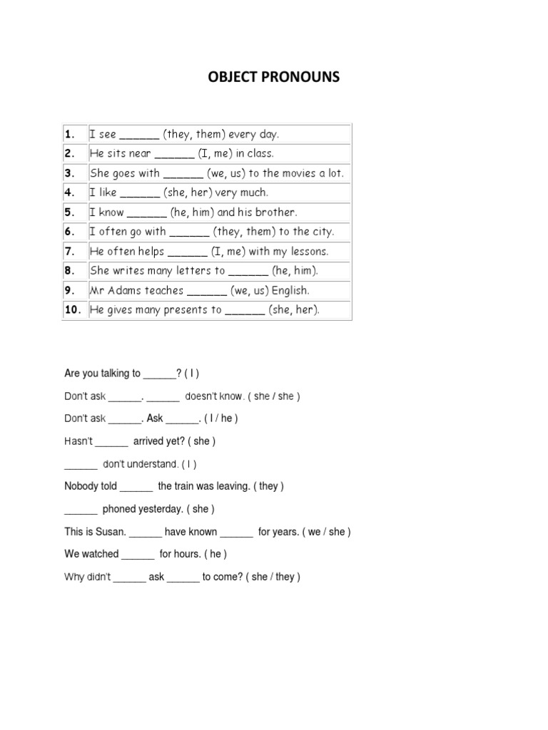 Object Pronouns Exercises Worksheet | PDF