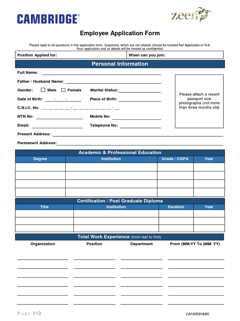 Employee Application Form | PDF | Business