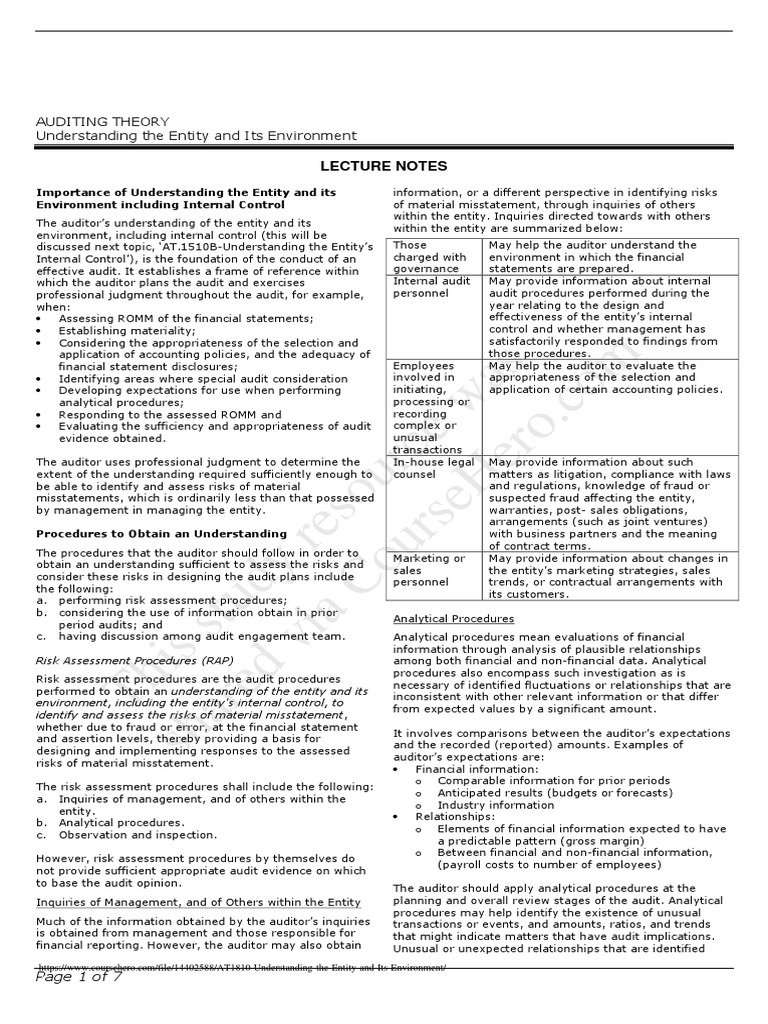 AT - Understand The Entity | PDF | Financial Audit | Internal Control