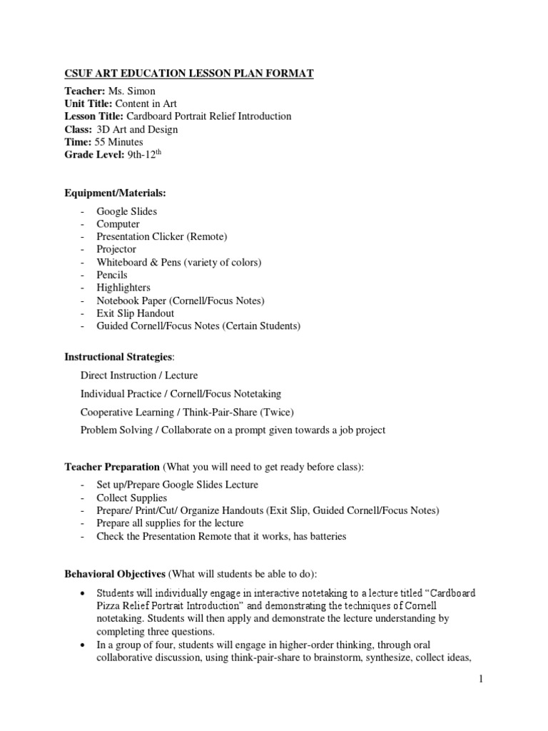 Simon Irin Cardboard Relief Sculpture Lesson Plan Pdf Relief Lecture