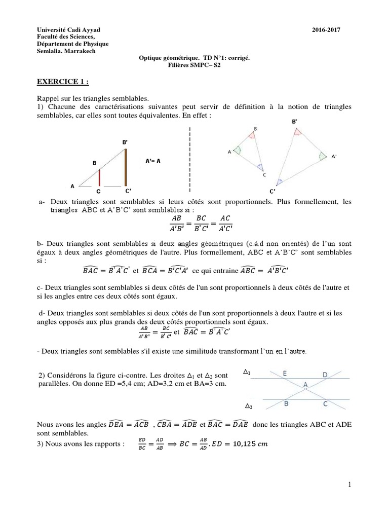 Corrig - S td1 Optique s2 | PDF | Indice de réfraction | Réfraction
