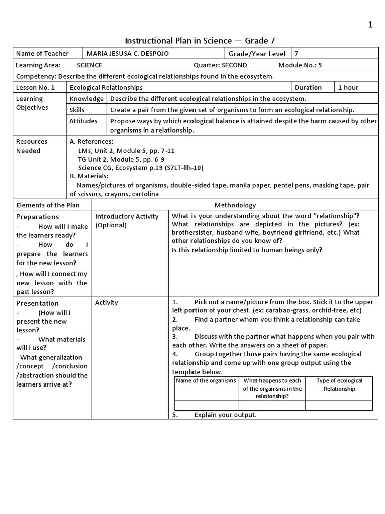 Instructional Plan in Science Grade 7 Qtr. 2 | PDF | Ecology | Rubric ...