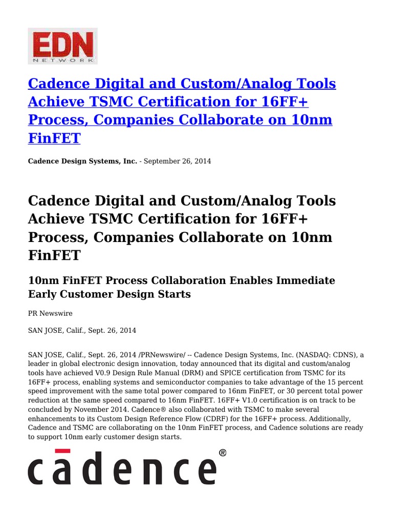 Cadence Digital and Custom Analog Tools Achieve TSMC Certification For 16FF Process Companies ...