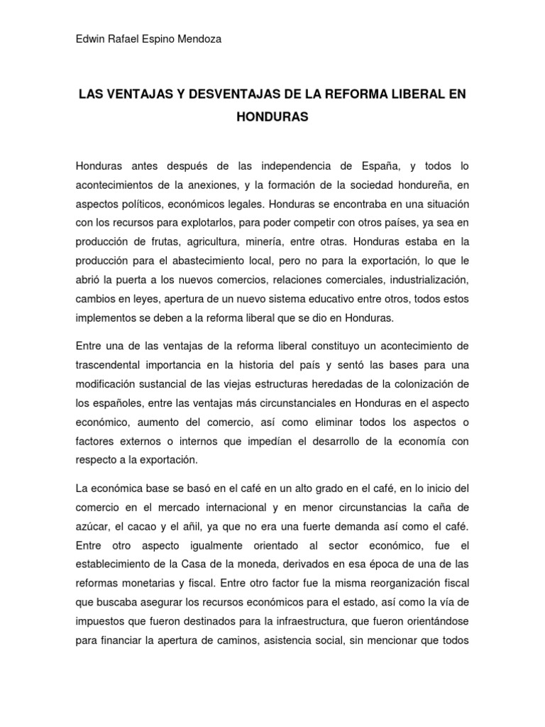 Las Ventajas y Desventajas de La Reforma Liberal en Honduras | PDF ...
